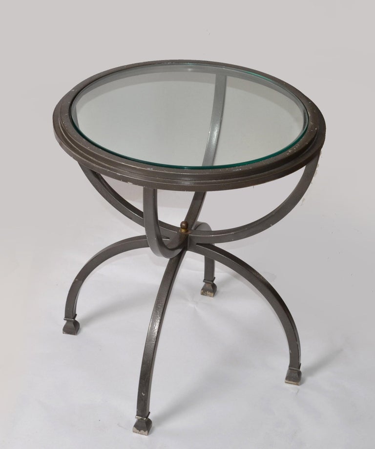1970 French Style Bend Steel Round Glass Top End Side Drink Table Brass ...