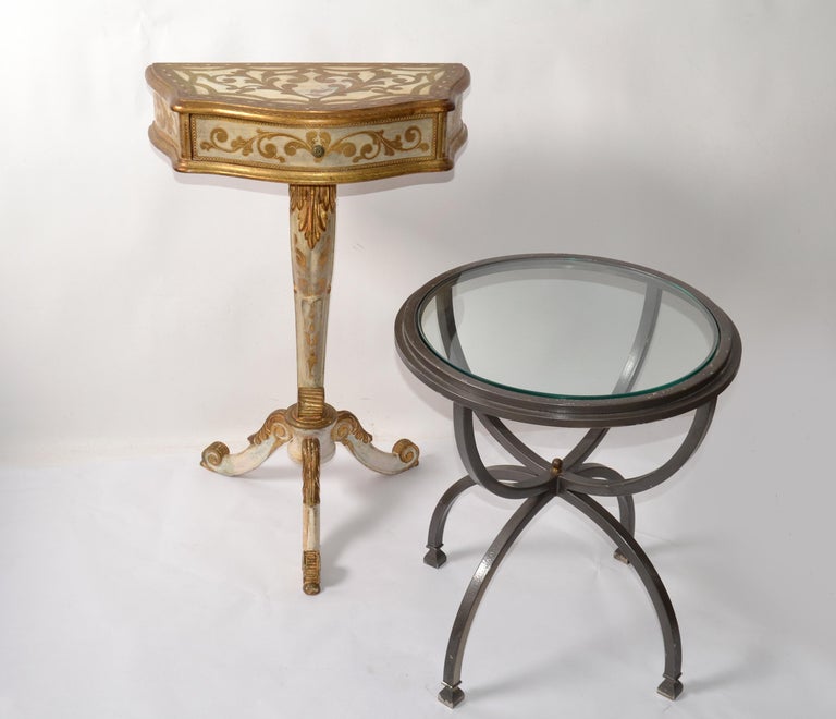 1970 French Style Bend Steel Round Glass Top End Side Drink Table Brass