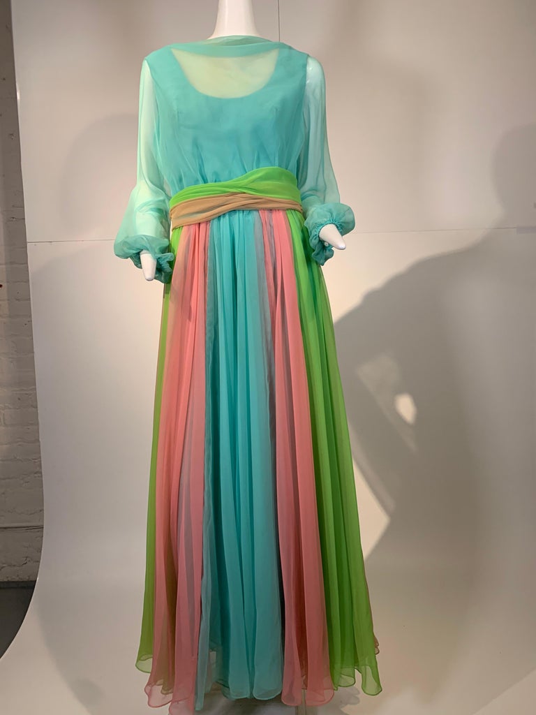 1970 Helen Rose Color Blocked Chiffon Gown In Robin’s Egg Blue Pink and ...