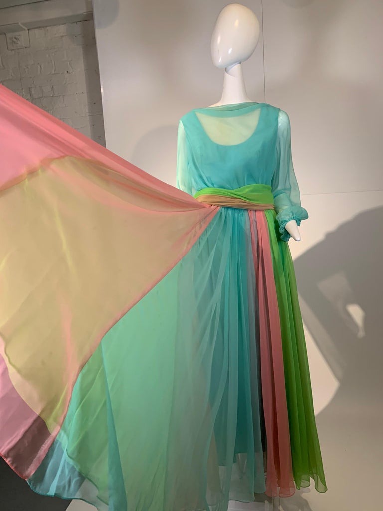 1970 Helen Rose Color Blocked Chiffon Gown In Robin’s Egg Blue Pink and ...