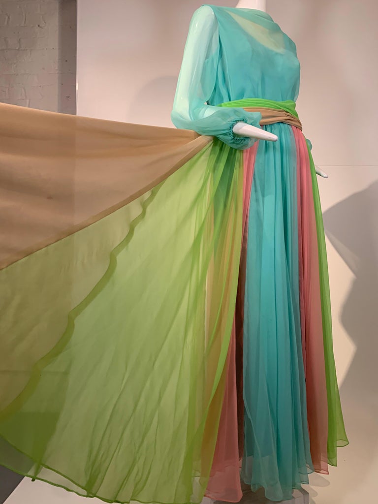 1970 Helen Rose Color Blocked Chiffon Gown In Robin’s Egg Blue Pink and ...