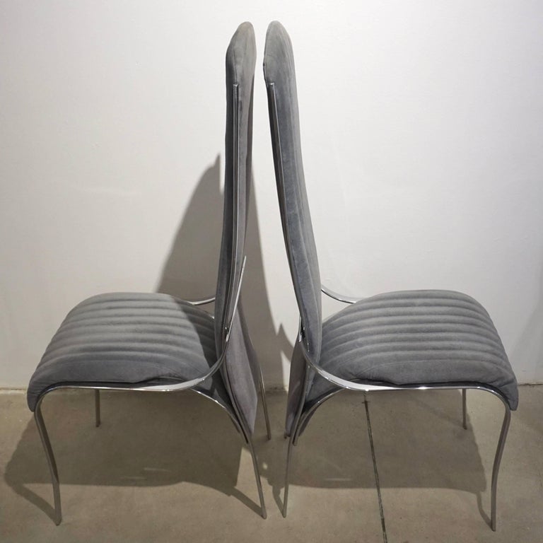 Italian Vintage Four Curved High Back Chrome Chairs in Blue Gray Stitch ...