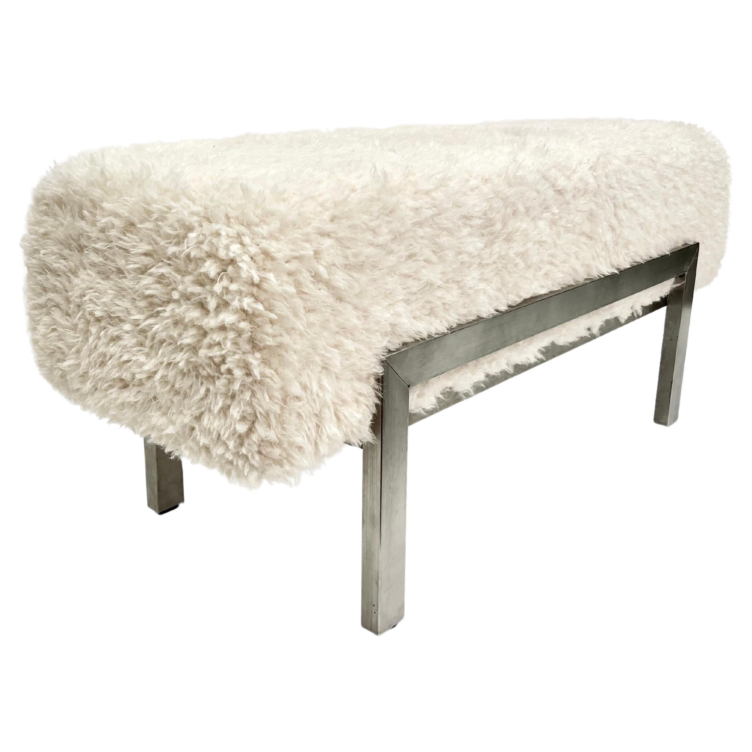 1970 Italian Vintage White Himalayan Faux Fur Steel Bed Stool Bench-2 ...