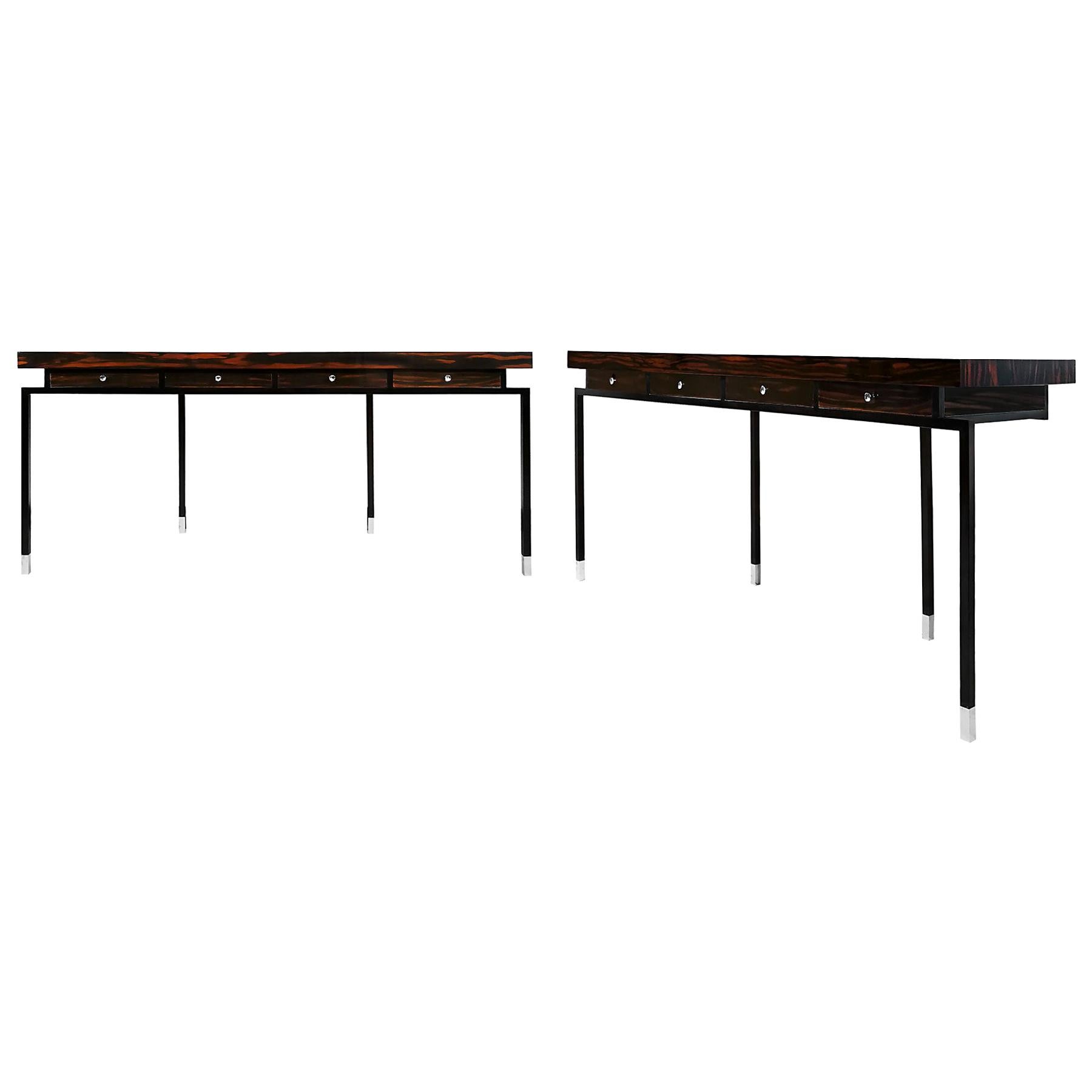 1970s Pair of Large Consoles, Macassar Ebony Veneer, Blackened Steel ...