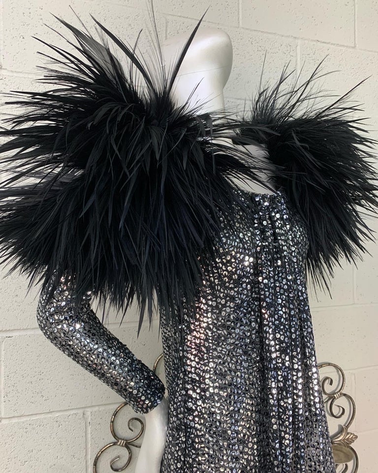1970 Silver and Black Sequin Gown w Avant Garde Black Feather Shoulder ...