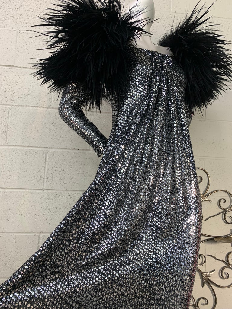1970 Silver and Black Sequin Gown w Avant Garde Black Feather Shoulder ...