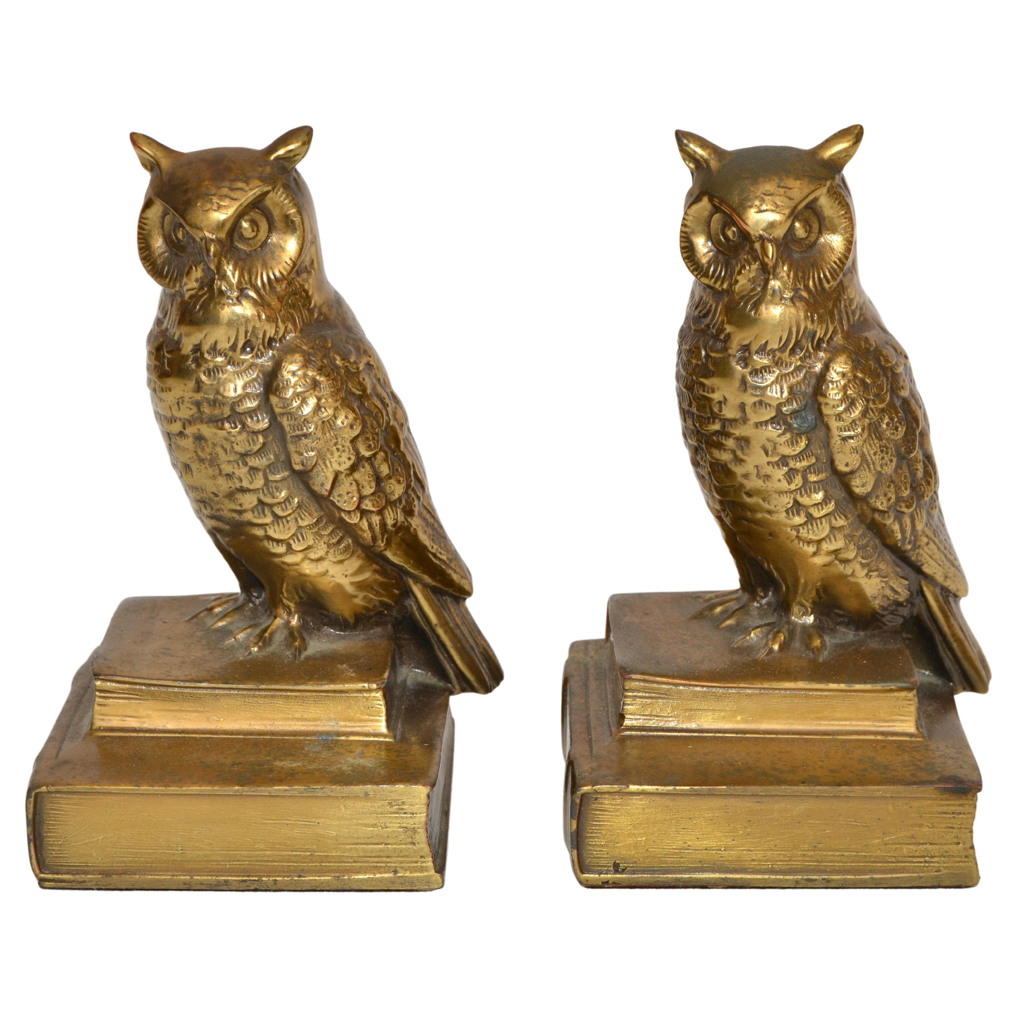 Vintage Cast Brass Owl Figurine Sculpture Bookends Mid-Century Modern ...