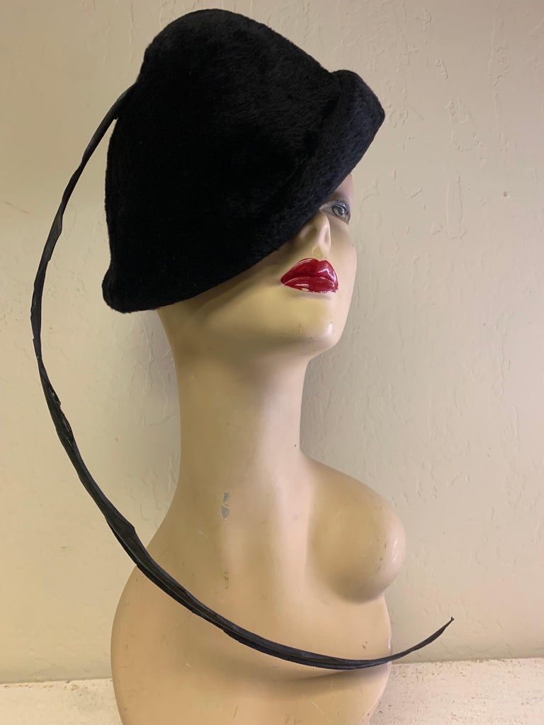 1970 Yves Saint Laurent Black Fur Felt Molded Hat w/ LONG Lacquered ...