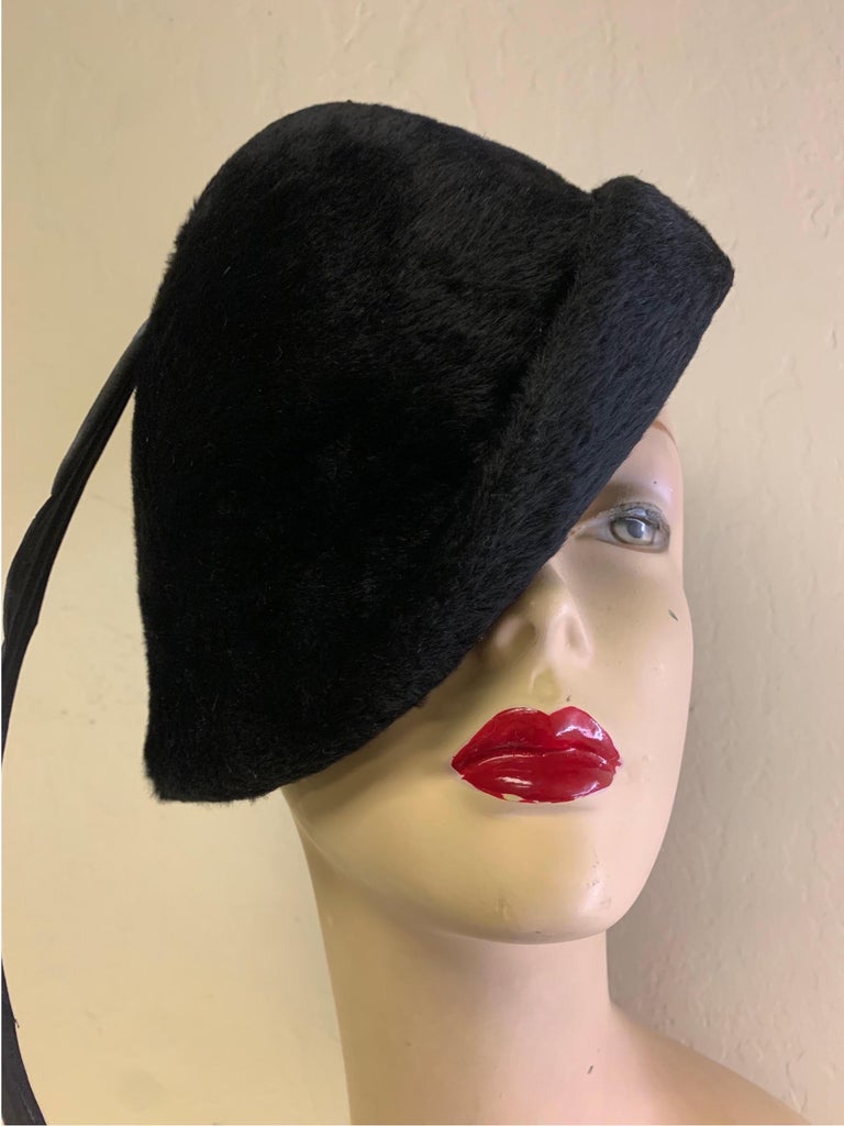 1970 Yves Saint Laurent Black Fur Felt Molded Hat w/ LONG Lacquered ...