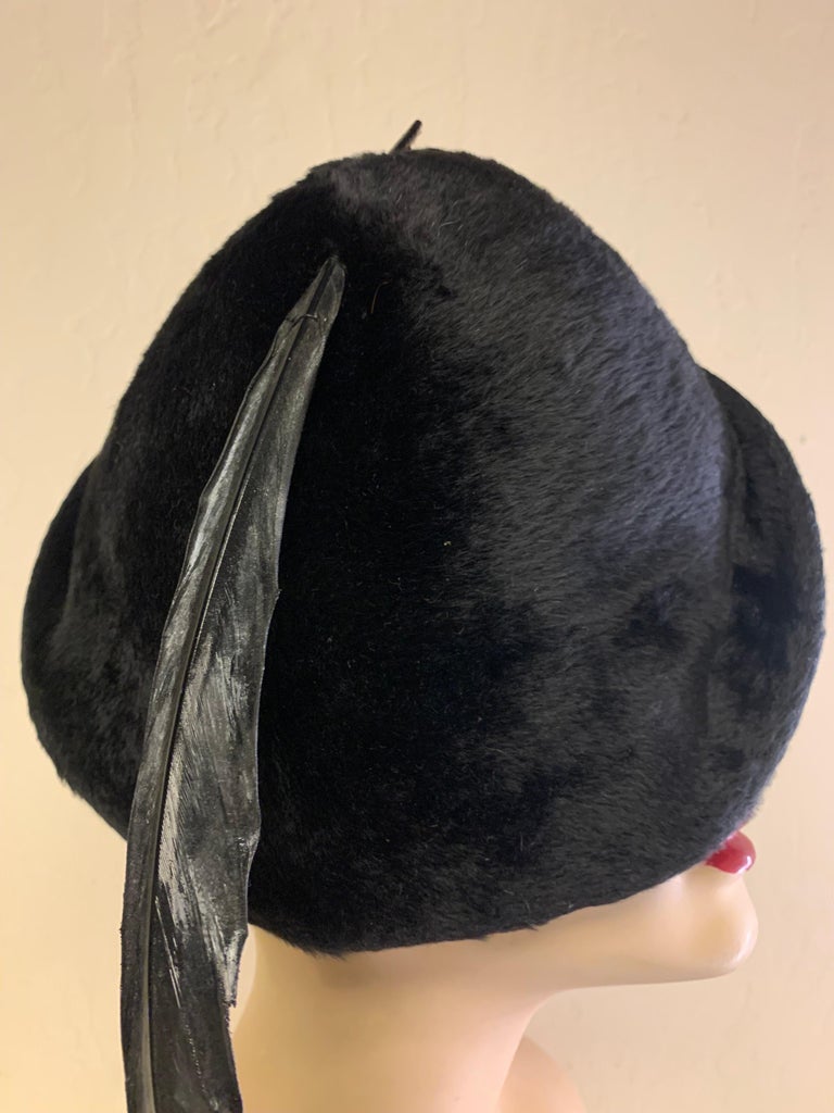 1970 Yves Saint Laurent Black Fur Felt Molded Hat w/ LONG Lacquered ...