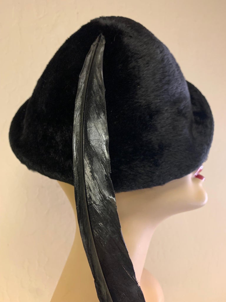 1970 Yves Saint Laurent Black Fur Felt Molded Hat w/ LONG Lacquered ...