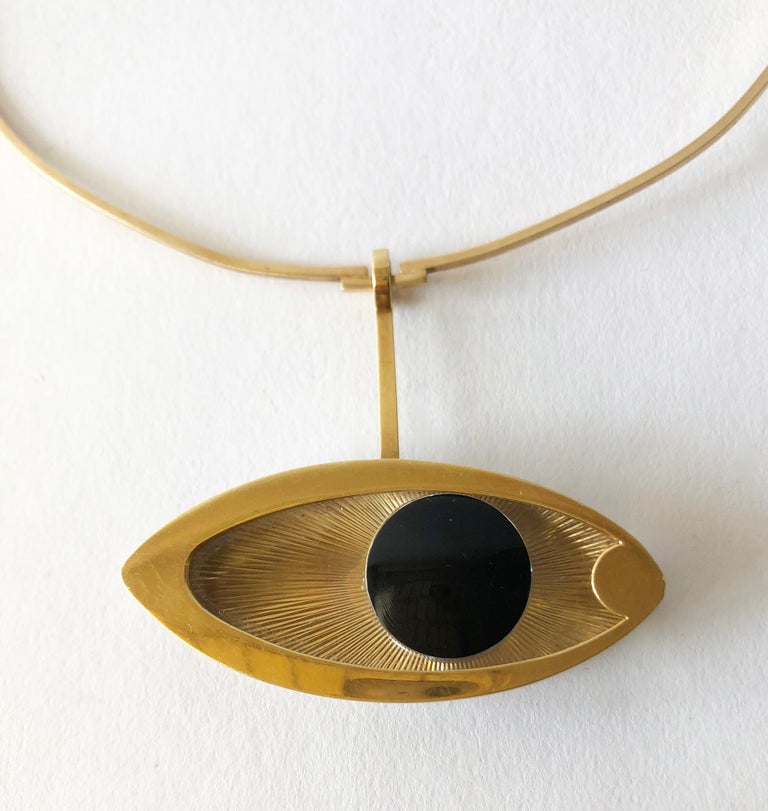 1970s 14 Karat Gold Surrealist Lucite Eye of Ra Sun God Pendant ...