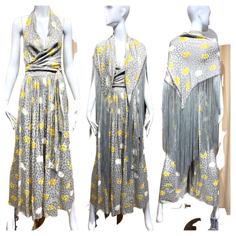 1970s Adele Simpson Grey Silk Floral Print Halter Top, Pants and Shawl ...