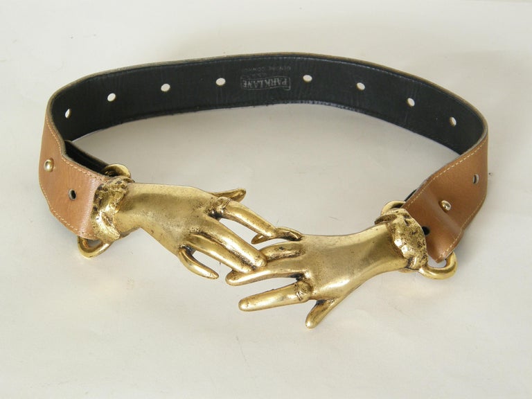 1970s Adjustable Leather Belt with Victorian Style Gilt Clasped Hands ...