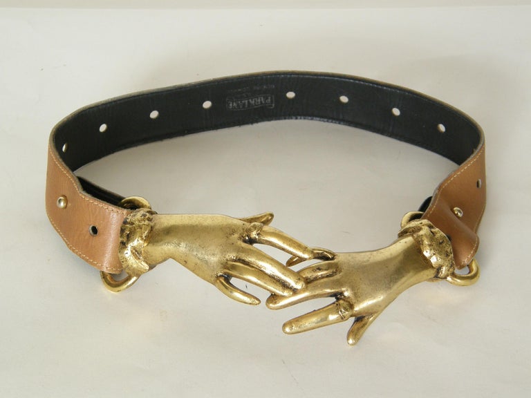 1970s Adjustable Leather Belt with Victorian Style Gilt Clasped Hands ...