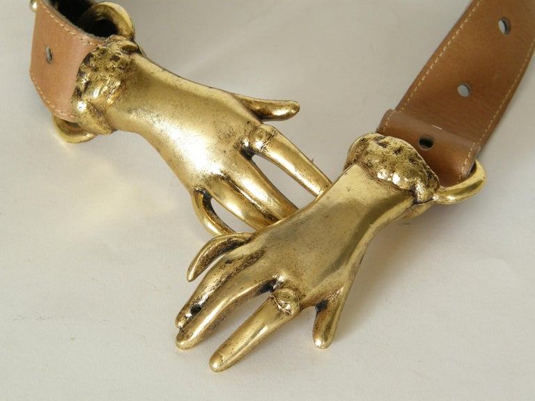 1970s Adjustable Leather Belt with Victorian Style Gilt Clasped Hands ...