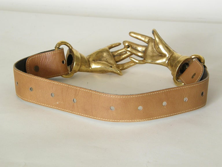 1970s Adjustable Leather Belt with Victorian Style Gilt Clasped Hands ...