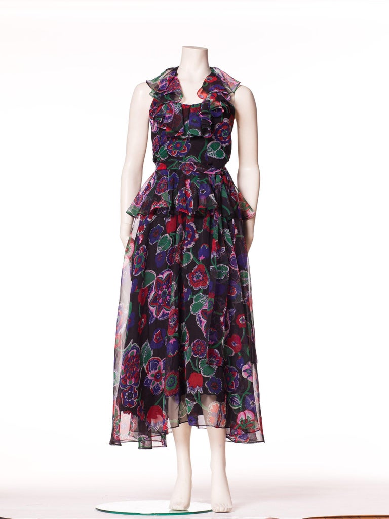1970S ALBERT CAPRARO Floral Polyester Chiffon Skirt and Top Ensemble ...