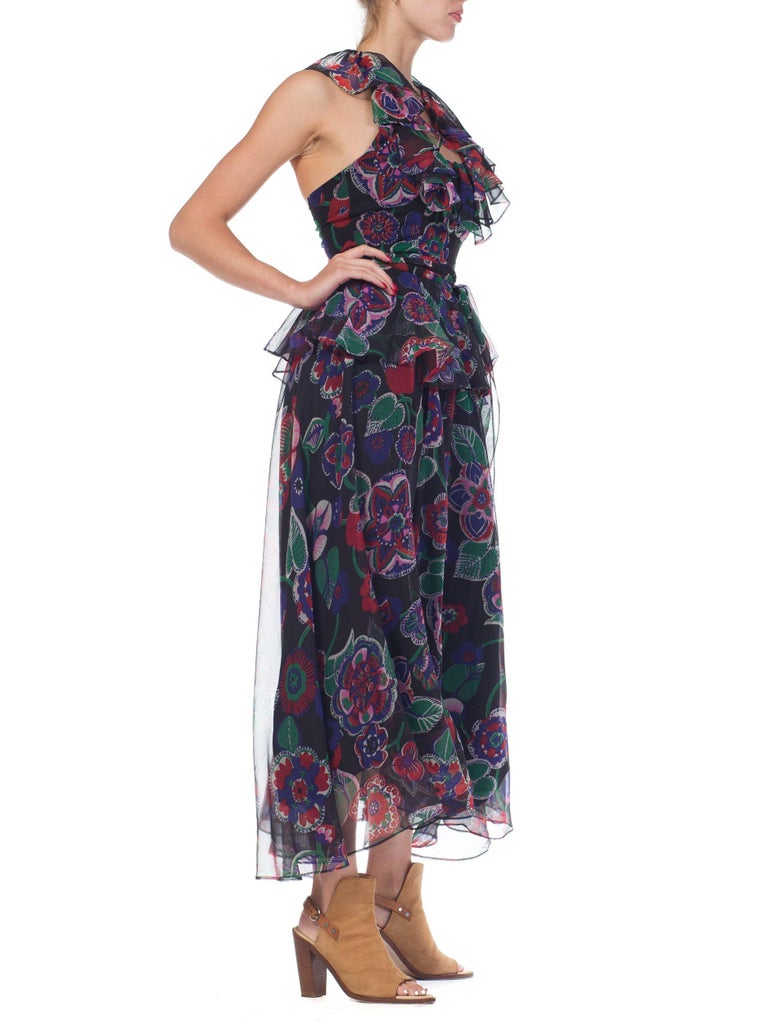 1970S ALBERT CAPRARO Floral Polyester Chiffon Skirt and Top Ensemble ...