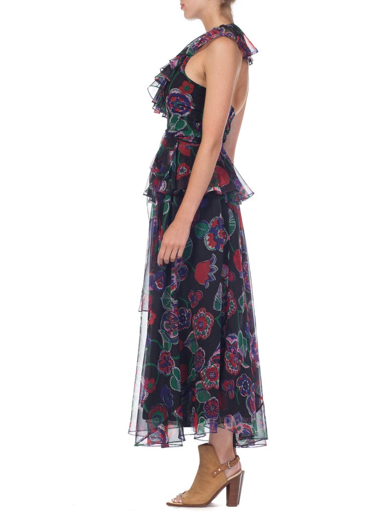 1970S ALBERT CAPRARO Floral Polyester Chiffon Skirt and Top Ensemble ...
