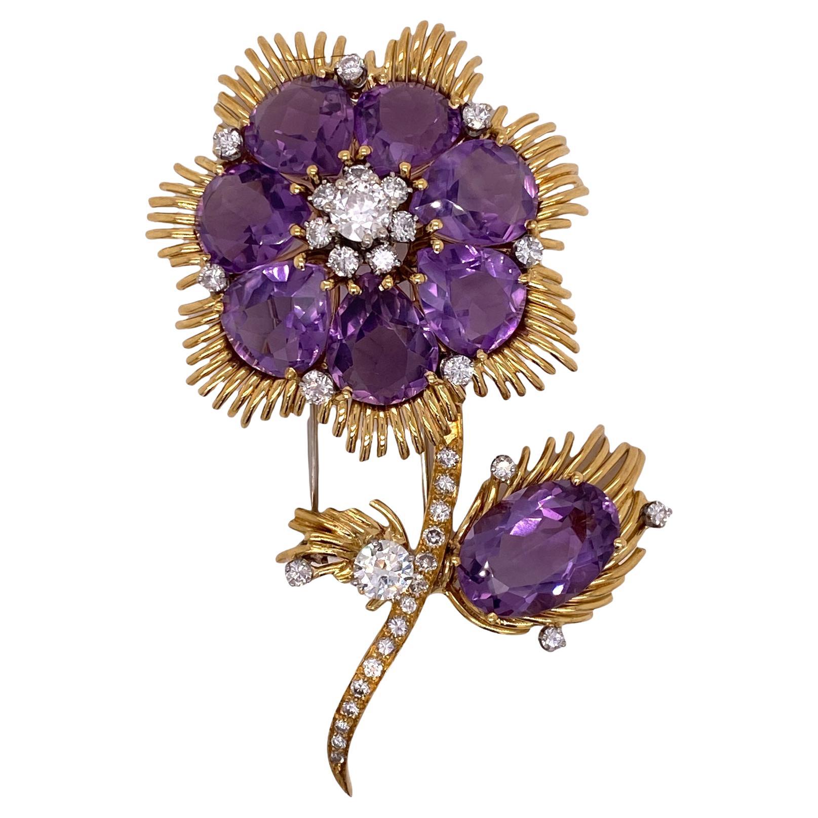 Jade Amethyst Diamond Gold Floral Pin at 1stDibs