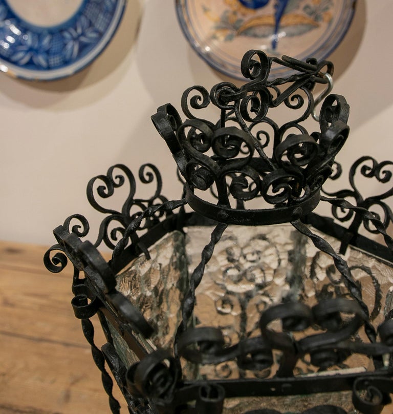 1970s Andalusian Iron Ceiling Lantern with Translucent Glass For Sale ...
