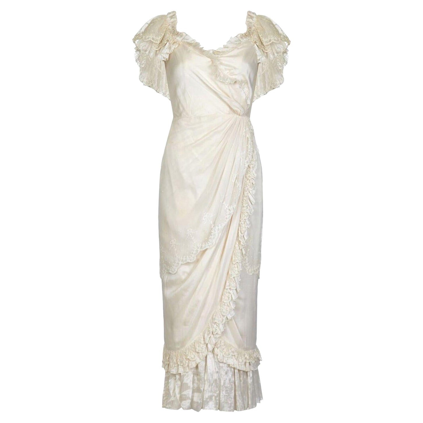 1970s Andrea Wilkin Silk Ivory Fantasy Bridal Dress in Edwardian Style ...