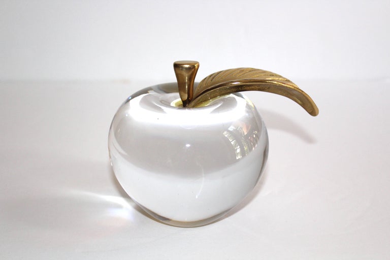 1970s Apple with Brass Leaf Crystal Paperweight at 1stDibs