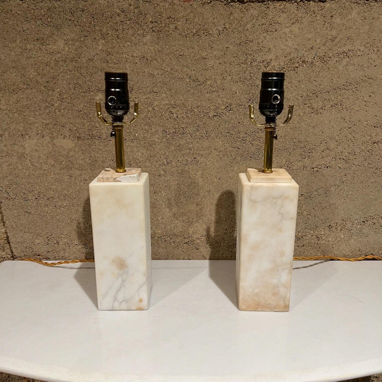 1970s Architectural Modern Pair Marble Square Column Table Lamps in ...