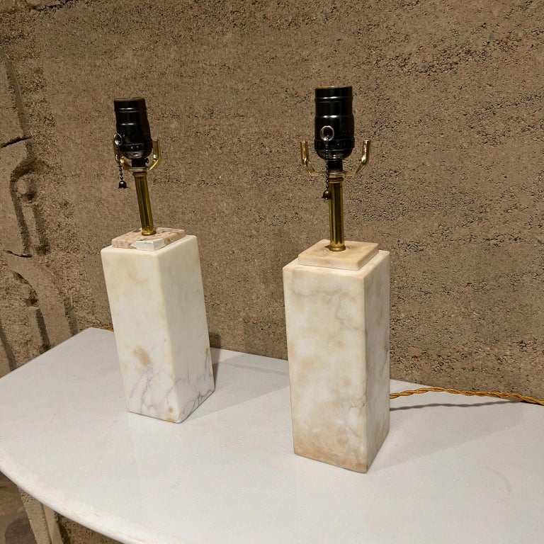 1970s Architectural Modern Pair Marble Square Column Table Lamps in ...