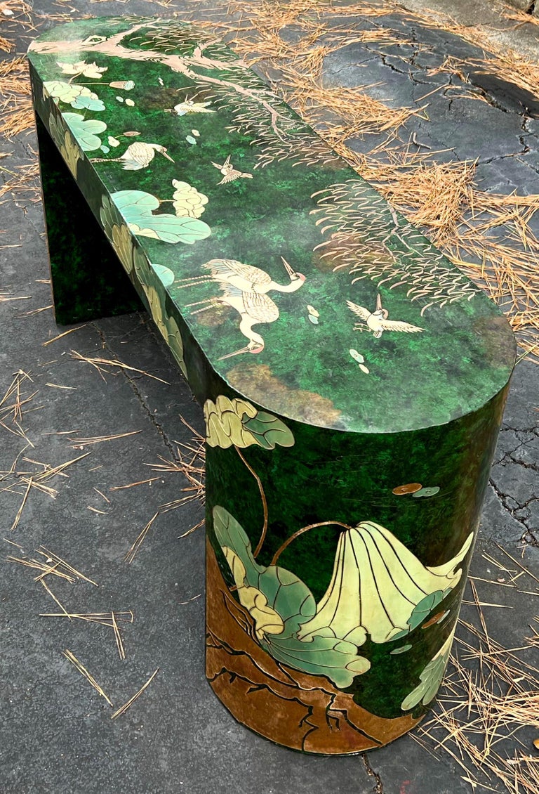 1970s Asian Modern Painted Console Table with Lotus Blossoms and Cranes ...