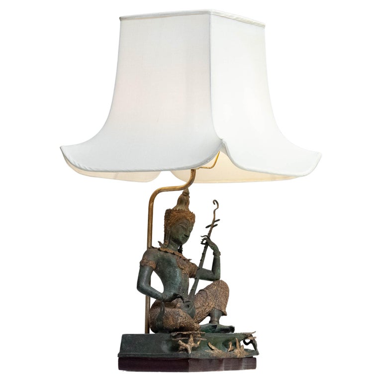 1970s Asian Vintage Table Lamp with Bronze / Gild Statue of Phra Aphai ...