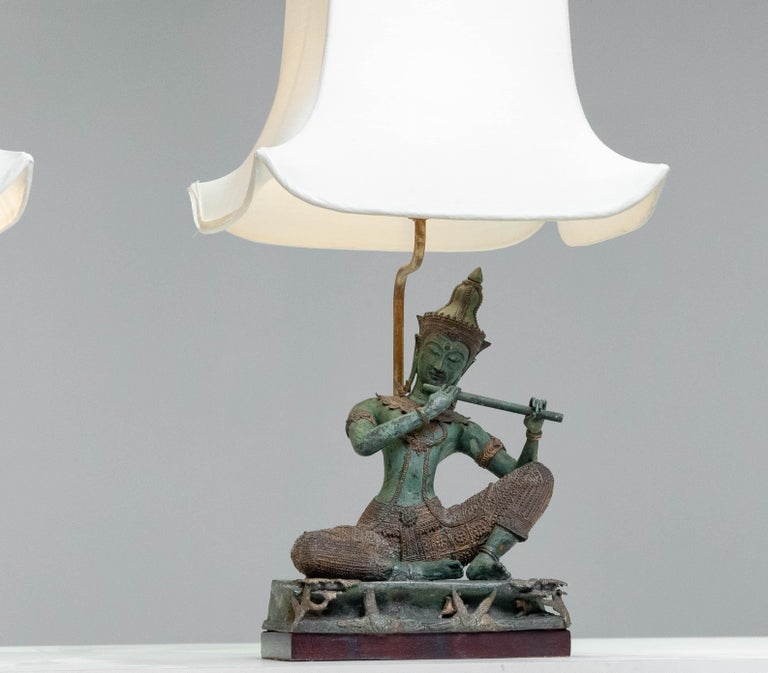 1970s Asian Vintage Table Lamps with Bronze / Gild Statues of Phra Aphai Mani For Sale at 1stDibs