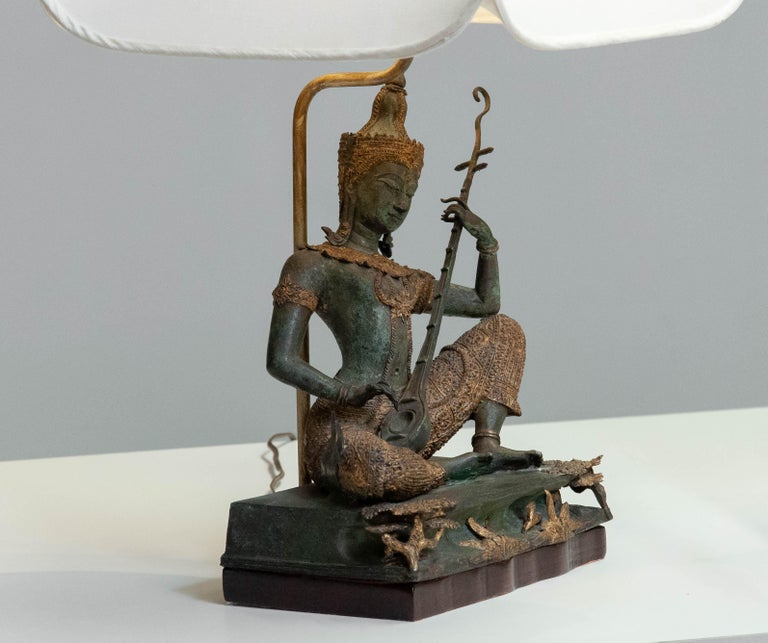 1970s Asian Vintage Table Lamps with Bronze / Gild Statues of Phra ...