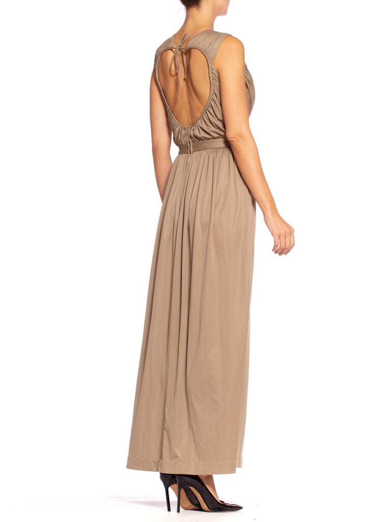 1970'S Ecru Polyester Jersey Backless Draped Disco Gown For Sale at 1stDibs
