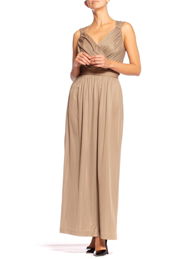1970'S Ecru Polyester Jersey Backless Draped Disco Gown For Sale at 1stDibs
