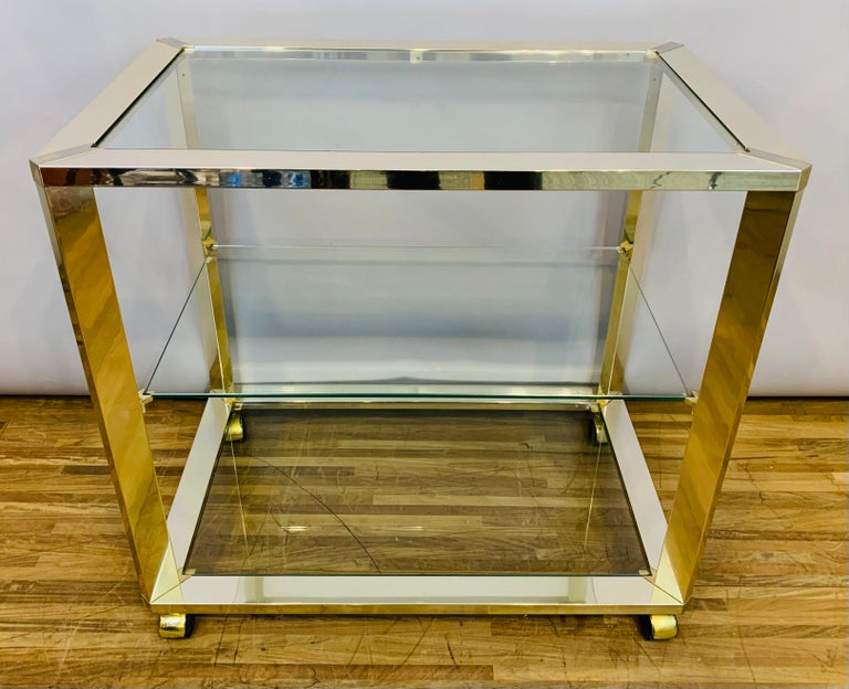 1970s Belgium Gold and Silver Chrome and Clear Glass Drinks Trolley or ...