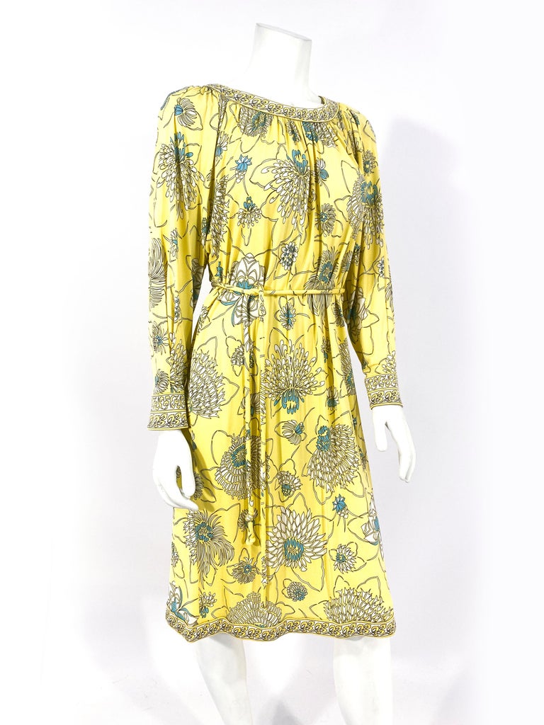 1970s Bessi Yellow Printed Silk Jersey Dress For Sale at 1stDibs