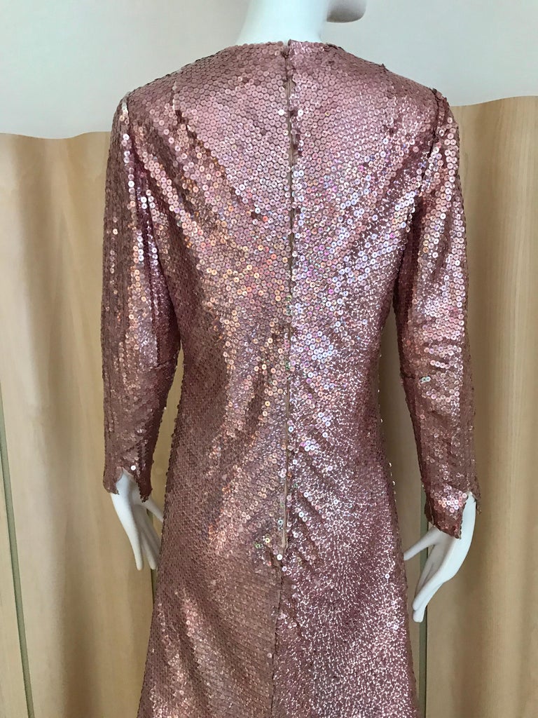 1970s Bill Blass Pink Metallic Sequin Long Sleeve Gown For Sale At 1stdibs