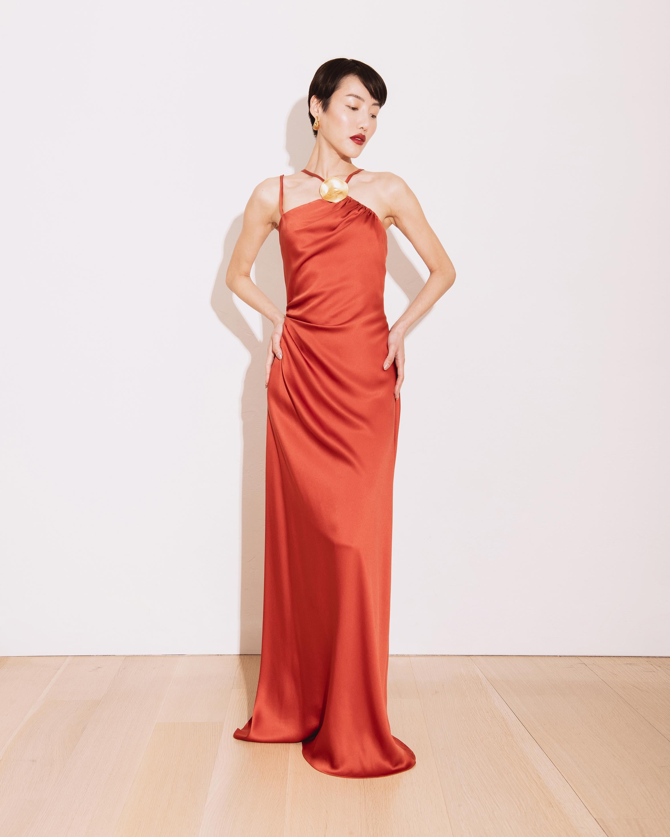 1970's Bill Blass Rust Silk Asymmetrical Neckline Halter Gown at 1stDibs