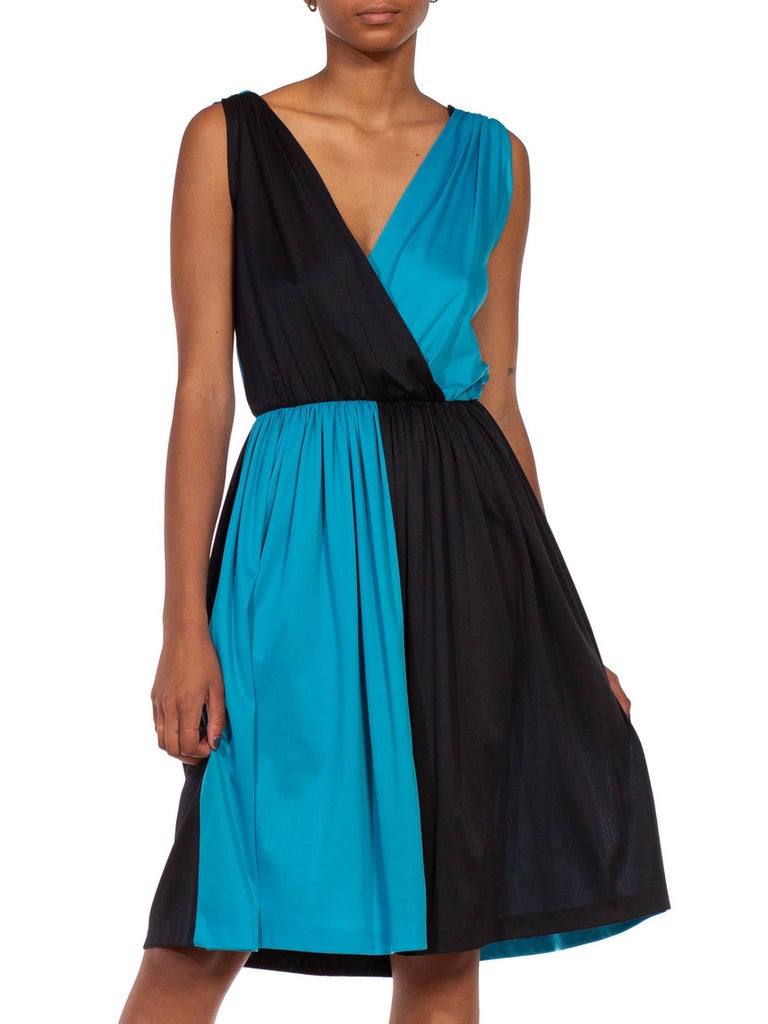 1970S Black and Cyan Blue Polyester Asymmetrical Color Blocked Cocktail ...