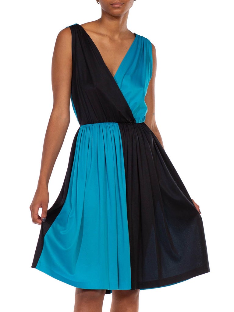 1970S Black and Cyan Blue Polyester Asymmetrical Color Blocked Cocktail ...