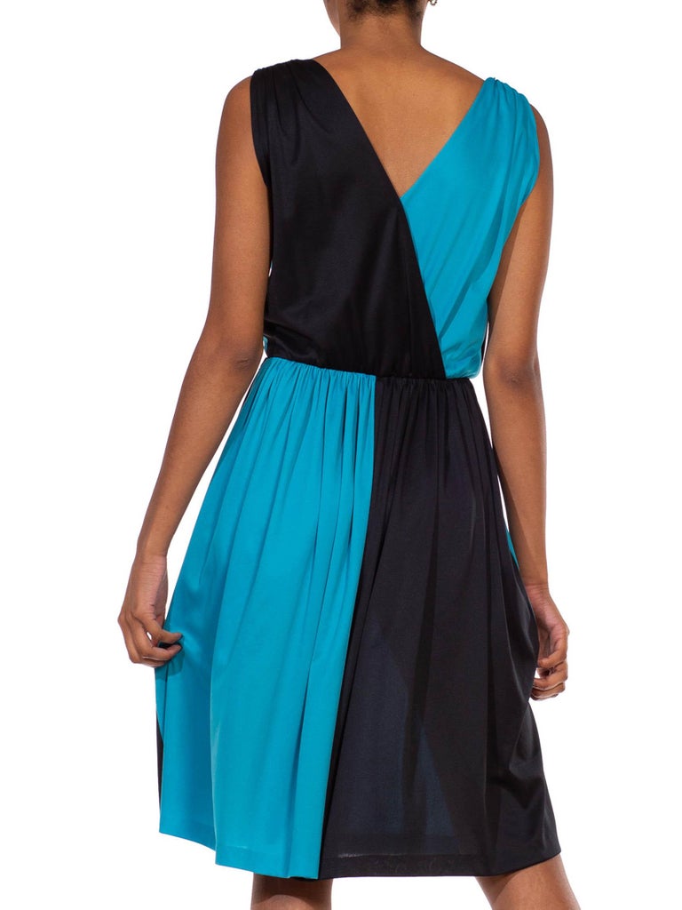 1970S Black and Cyan Blue Polyester Asymmetrical Color Blocked Cocktail ...