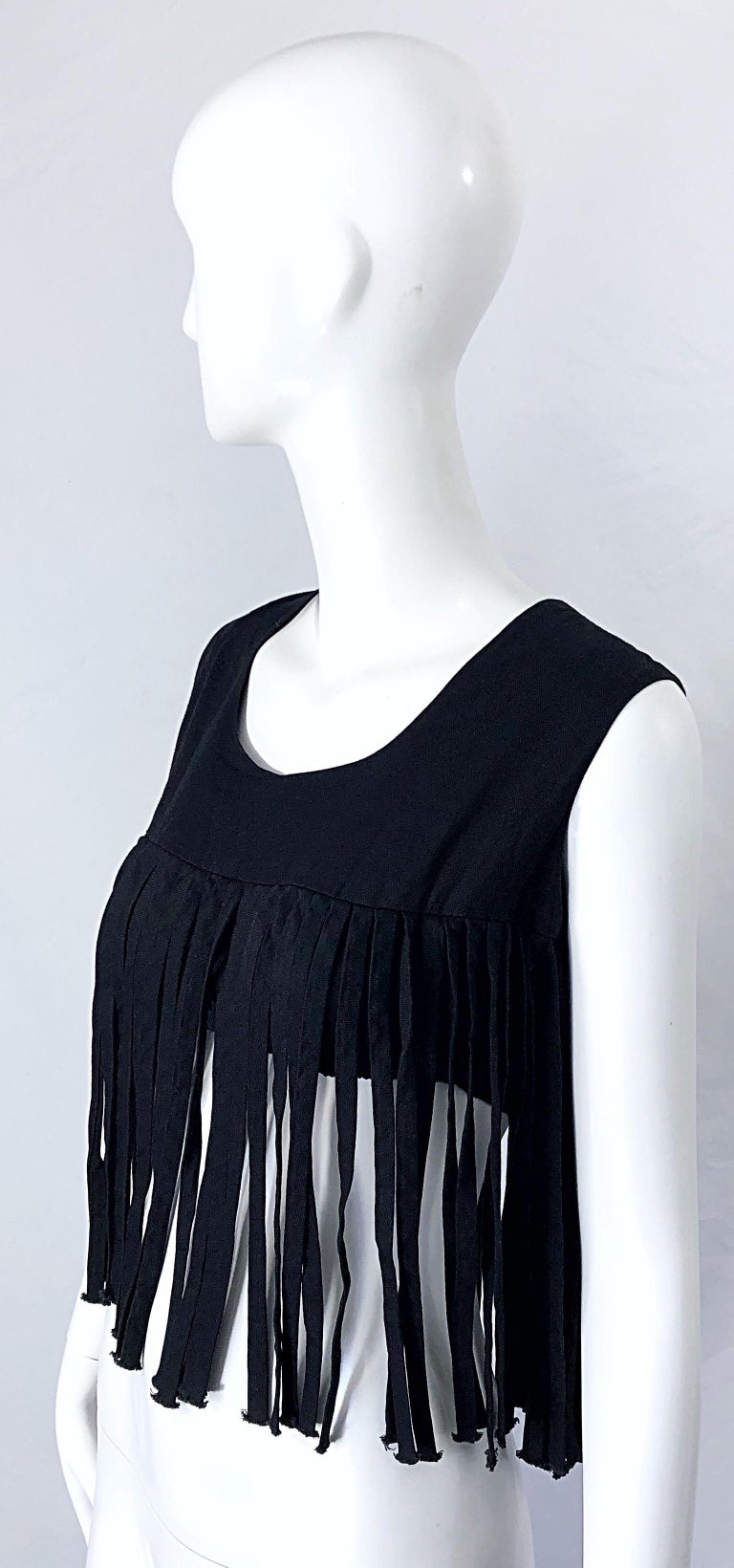 1970s Black Linen Fringe Vintage Boho Chic Festival 70s Crop Top Shirt ...