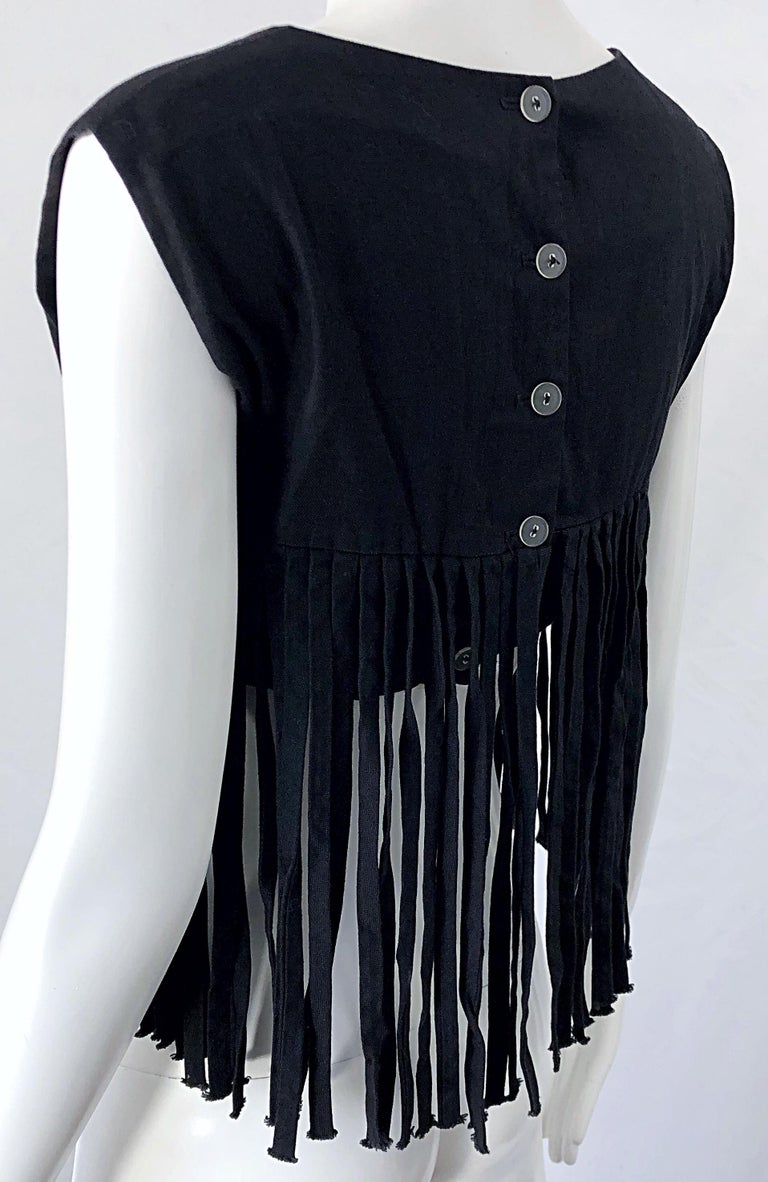 1970s Black Linen Fringe Vintage Boho Chic Festival 70s Crop Top Shirt ...