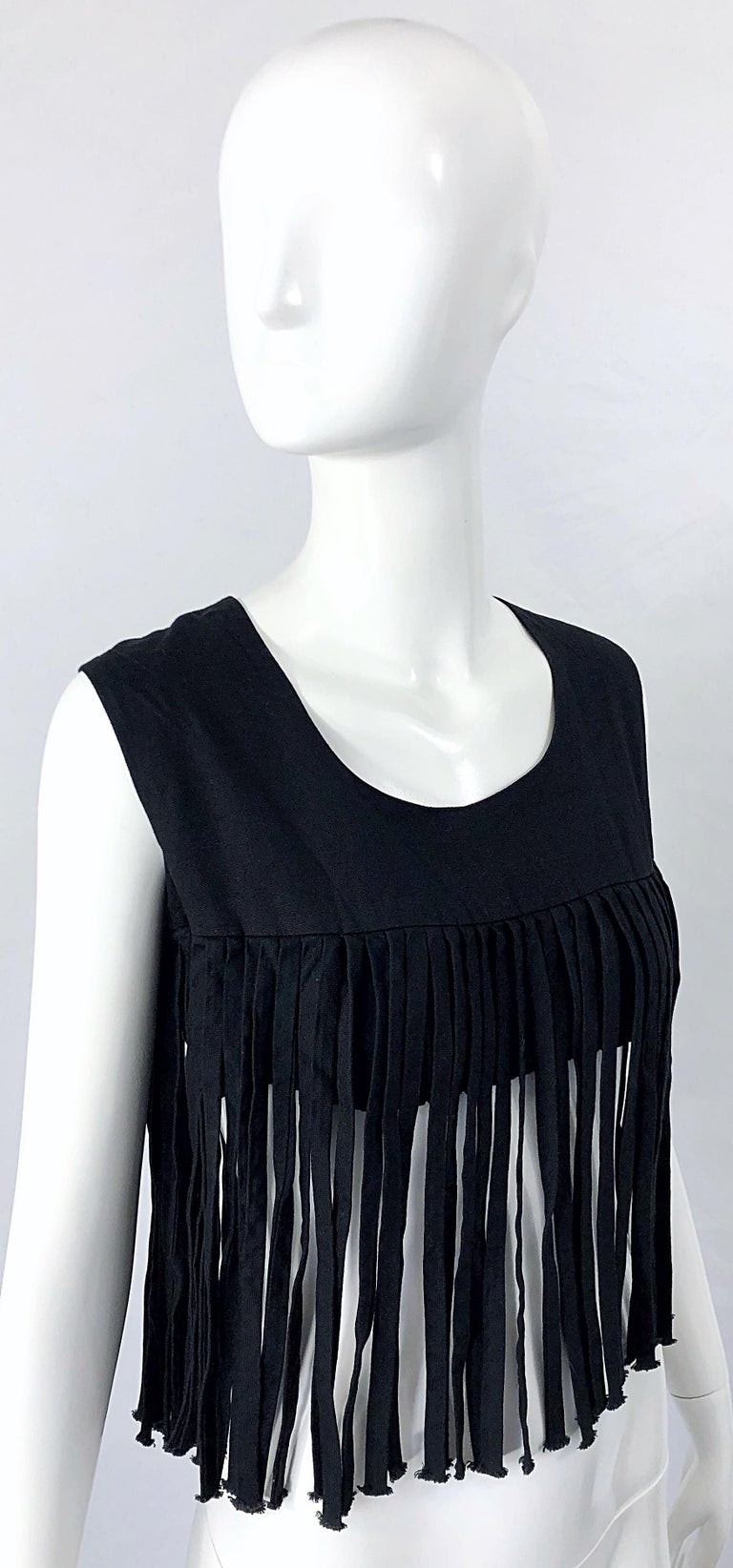 1970s Black Linen Fringe Vintage Boho Chic Festival 70s Crop Top Shirt ...
