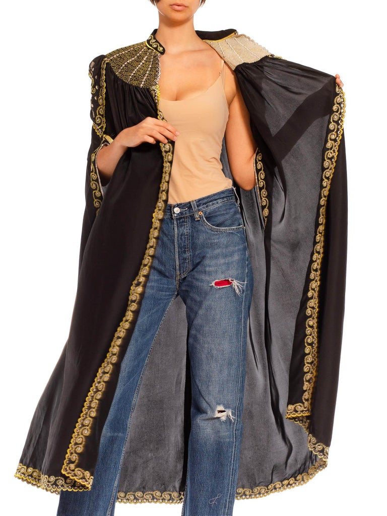 1970S Black Polyester Metallic Gold Embroidered Cape For Sale at 1stDibs