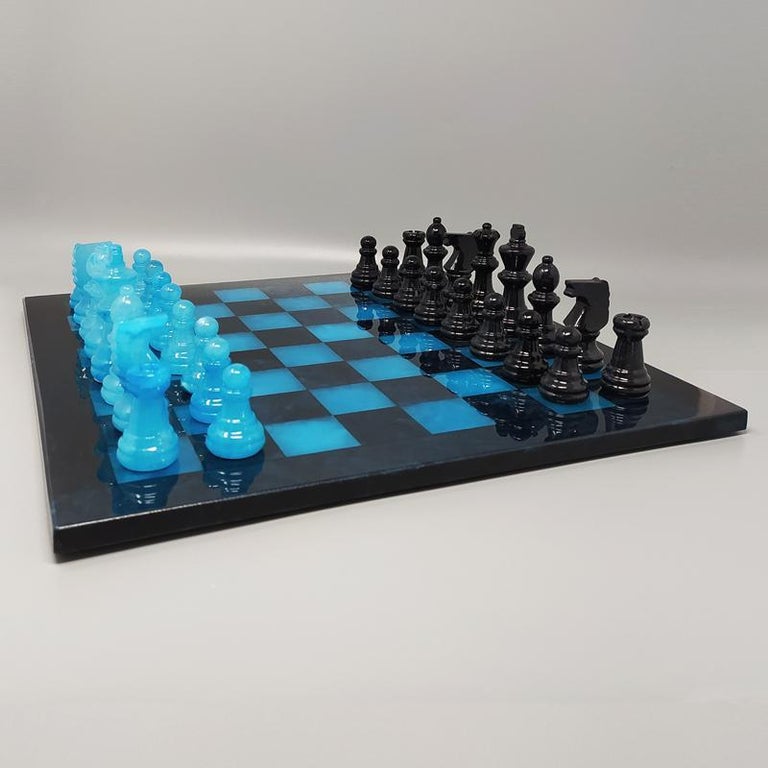 1970s Blue and Black Chess Set in Volterra Alabaster Handmade, Made in ...