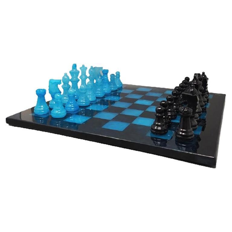 1970s Blue and Black Chess Set in Volterra Alabaster Handmade, Made in ...