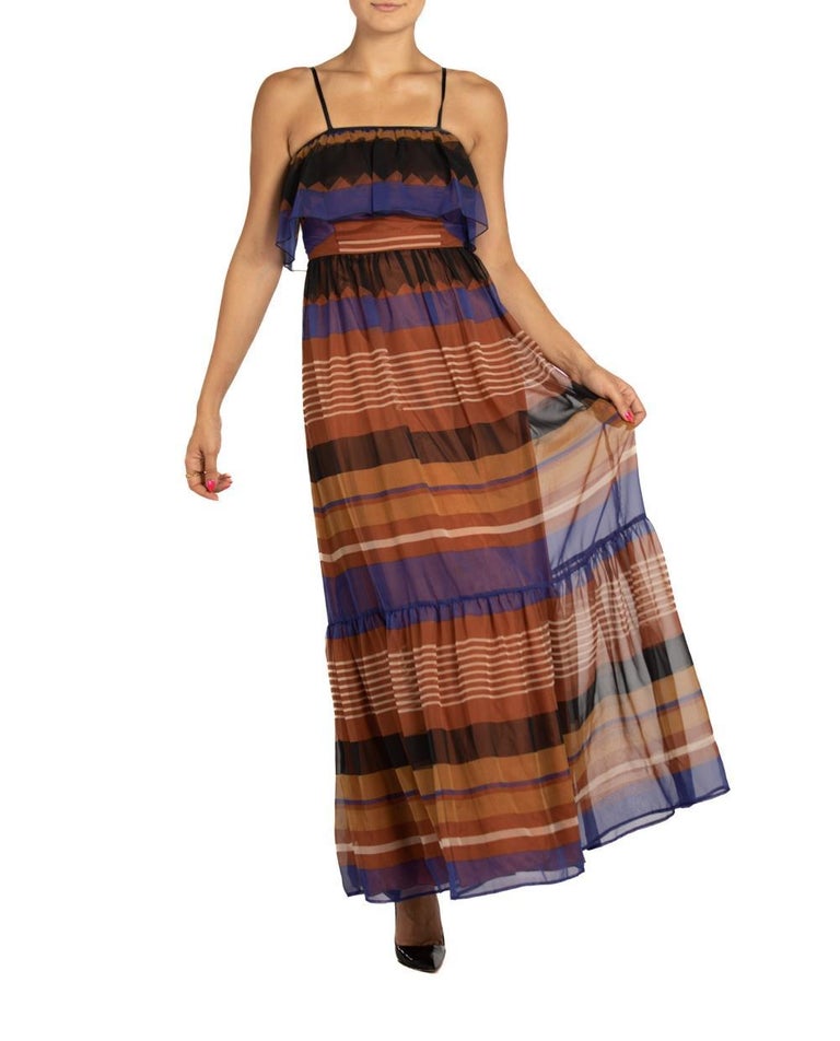 1970S Blue and Brown Polyester Chiffon Geometric Print Dress For Sale ...